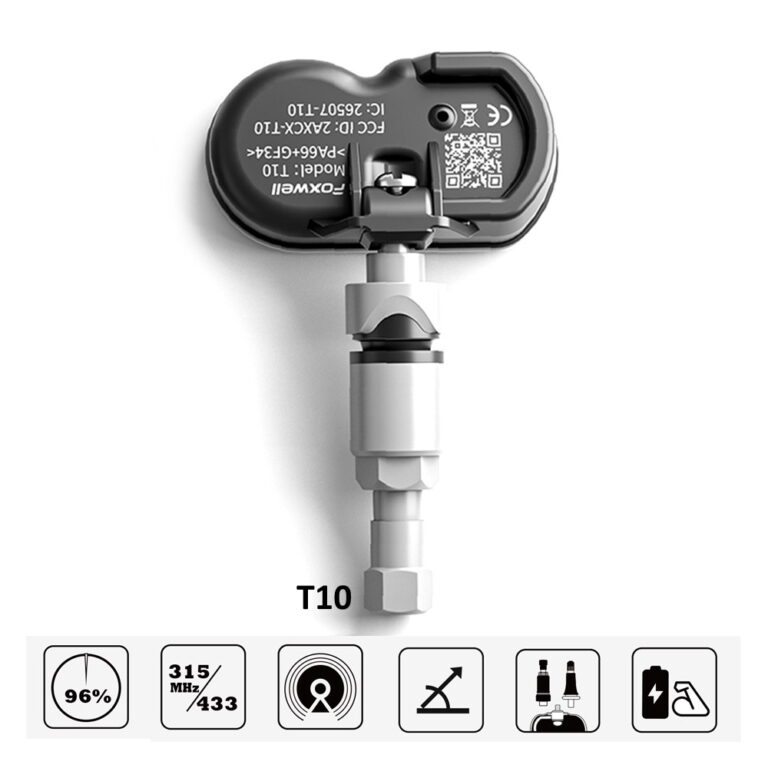 Sensor TPMS Programável T10 (315MHz – 433MHZ) – Bico Metal e Bico Metal (preto) – Foxwell Brasil