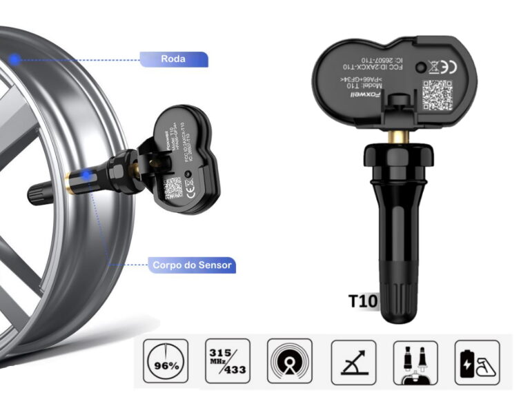 Sensor TPMS Programável T10 (315MHz – 433MHZ) – Bico Preto – Foxwell Brasil