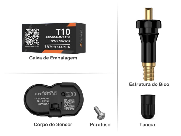 Sensor TPMS Programável T10 (315MHz – 433MHZ) – Bico Preto – Foxwell Brasil